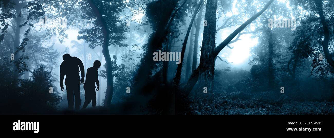 Horizontal banner with two zombies in mysterious landscape of foggy ...