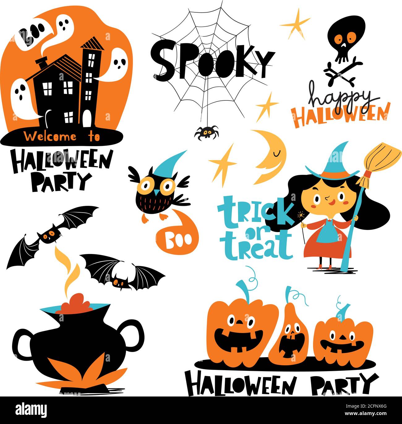 Vector Welcome to Halloween party stickers set in cartoon flat style ...