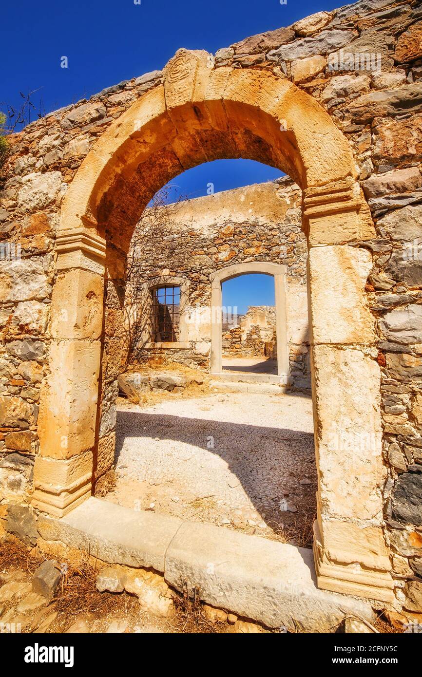 Ancient ruins of a fortified leper colony - Spinalonga (Kalydon) island ...
