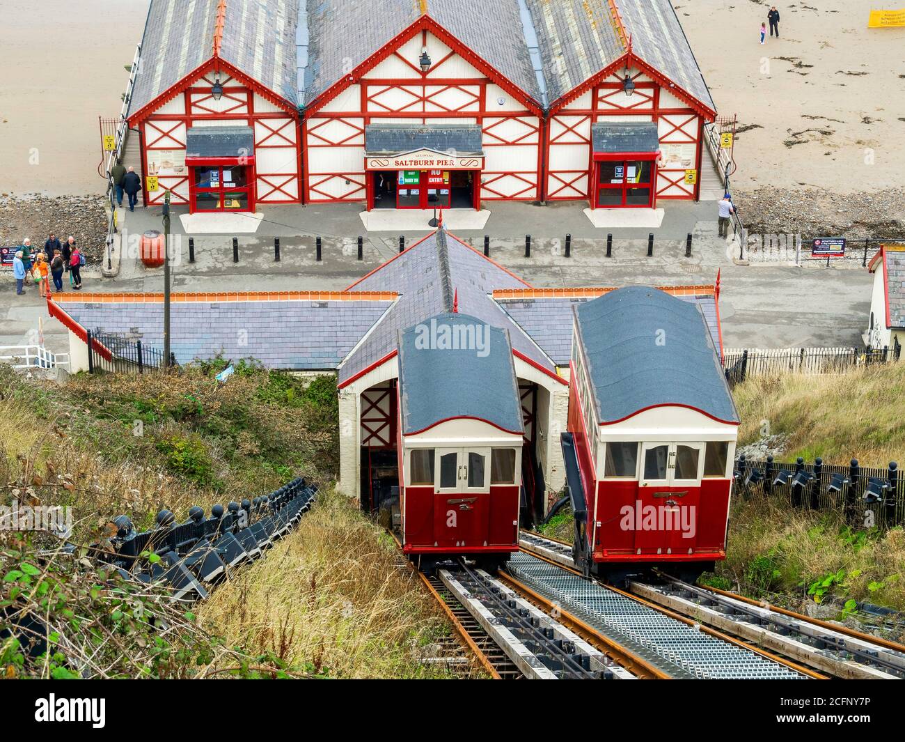 View from the top station of the Saltburn Hydraulic Funicular cliff ...