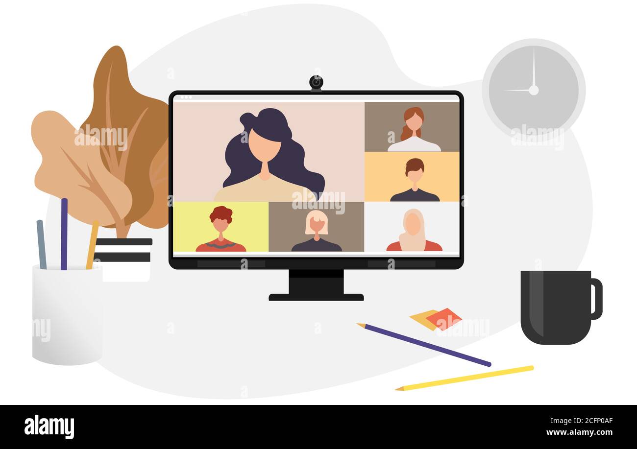 Colleagues talk to each other on the computer screen. Conference video ...