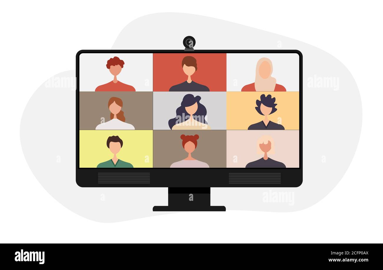 Colleagues talk to each other on the computer screen. Conference video ...