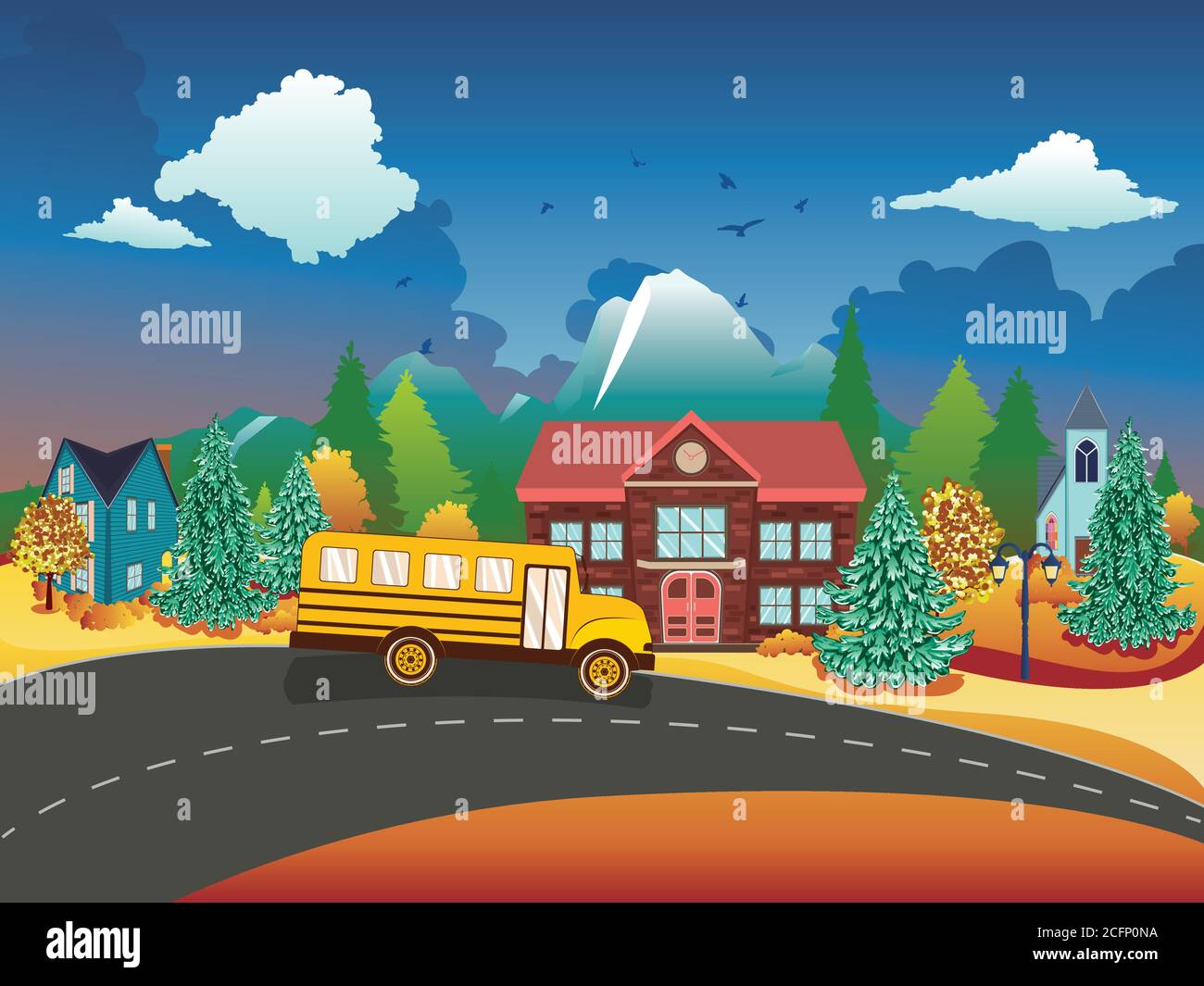 Rural school building and yellow bus illustration Stock Vector Image ...