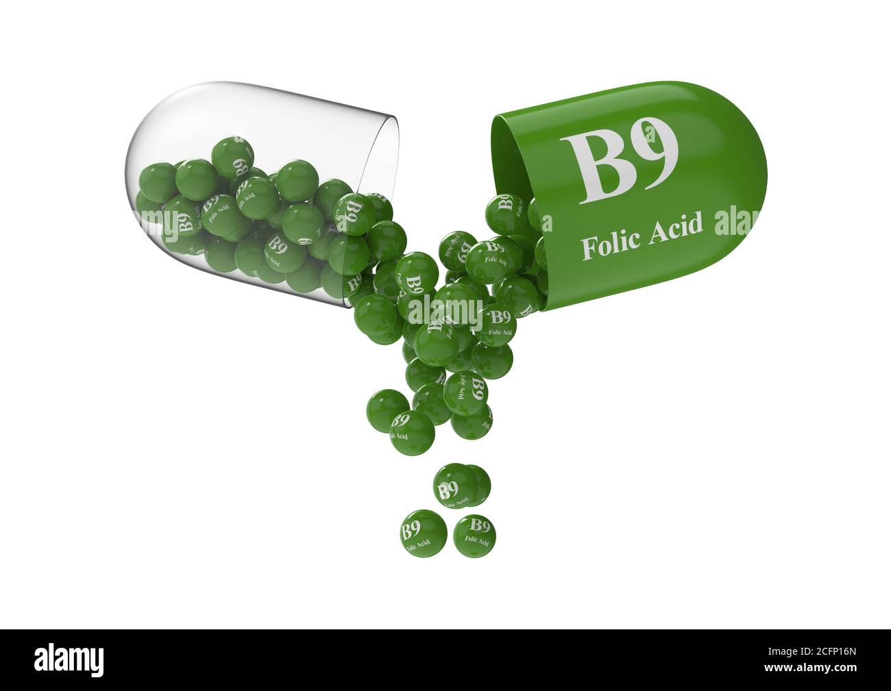 Open capsule with b9 folic acid from which the vitamin composition is ...