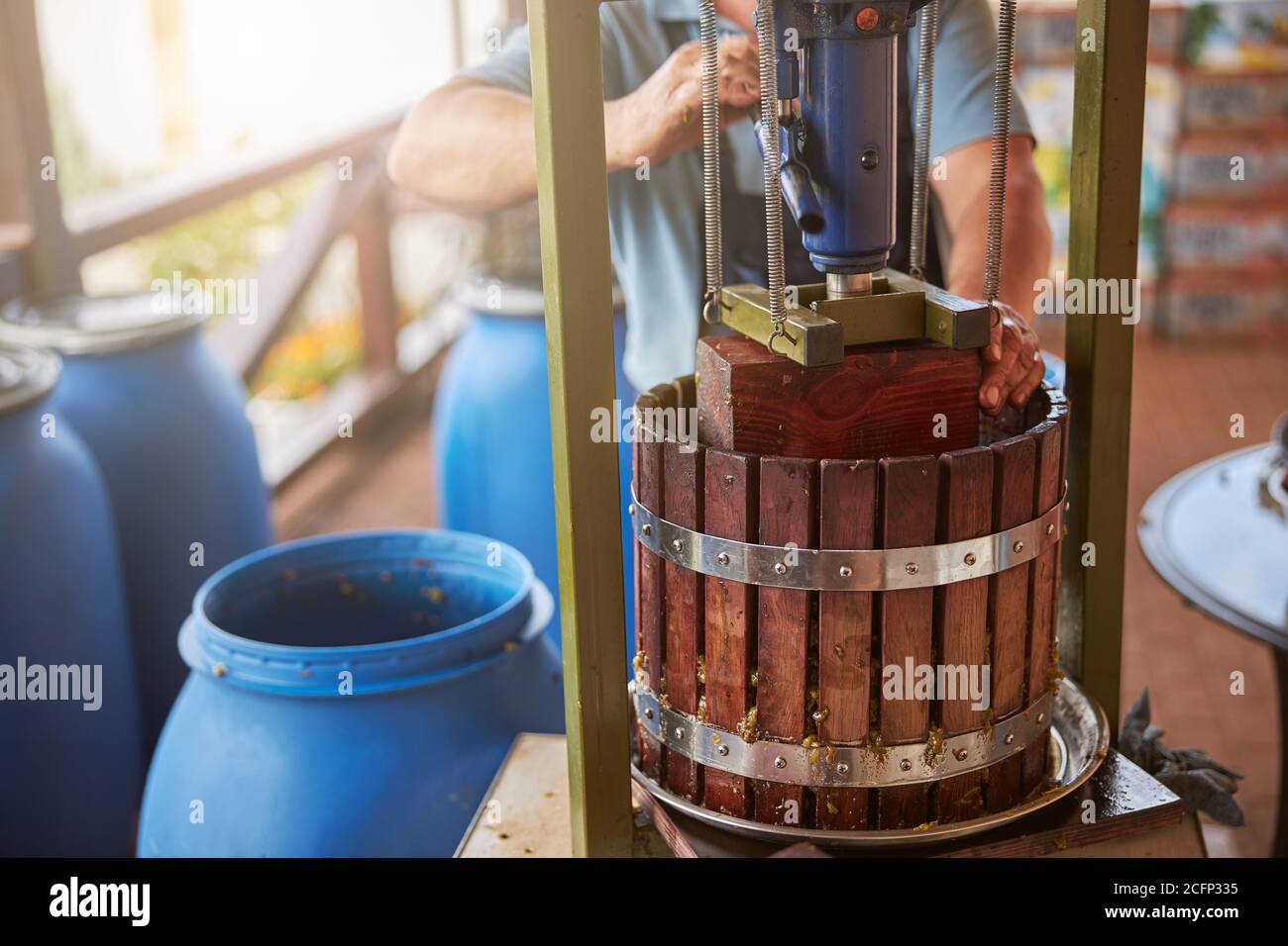 Worker doing the process of grapes pressing to make wine Stock Photo ...