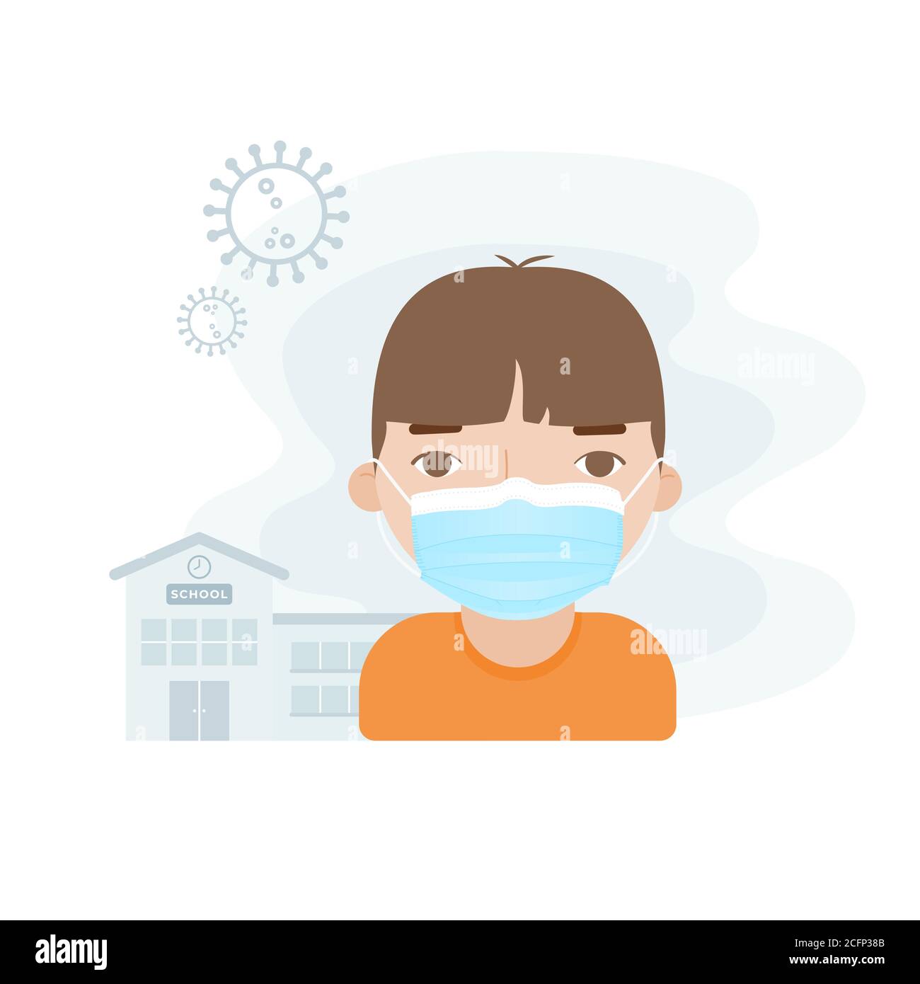 Boy child wearing facial mask in front of the school building. Back to ...