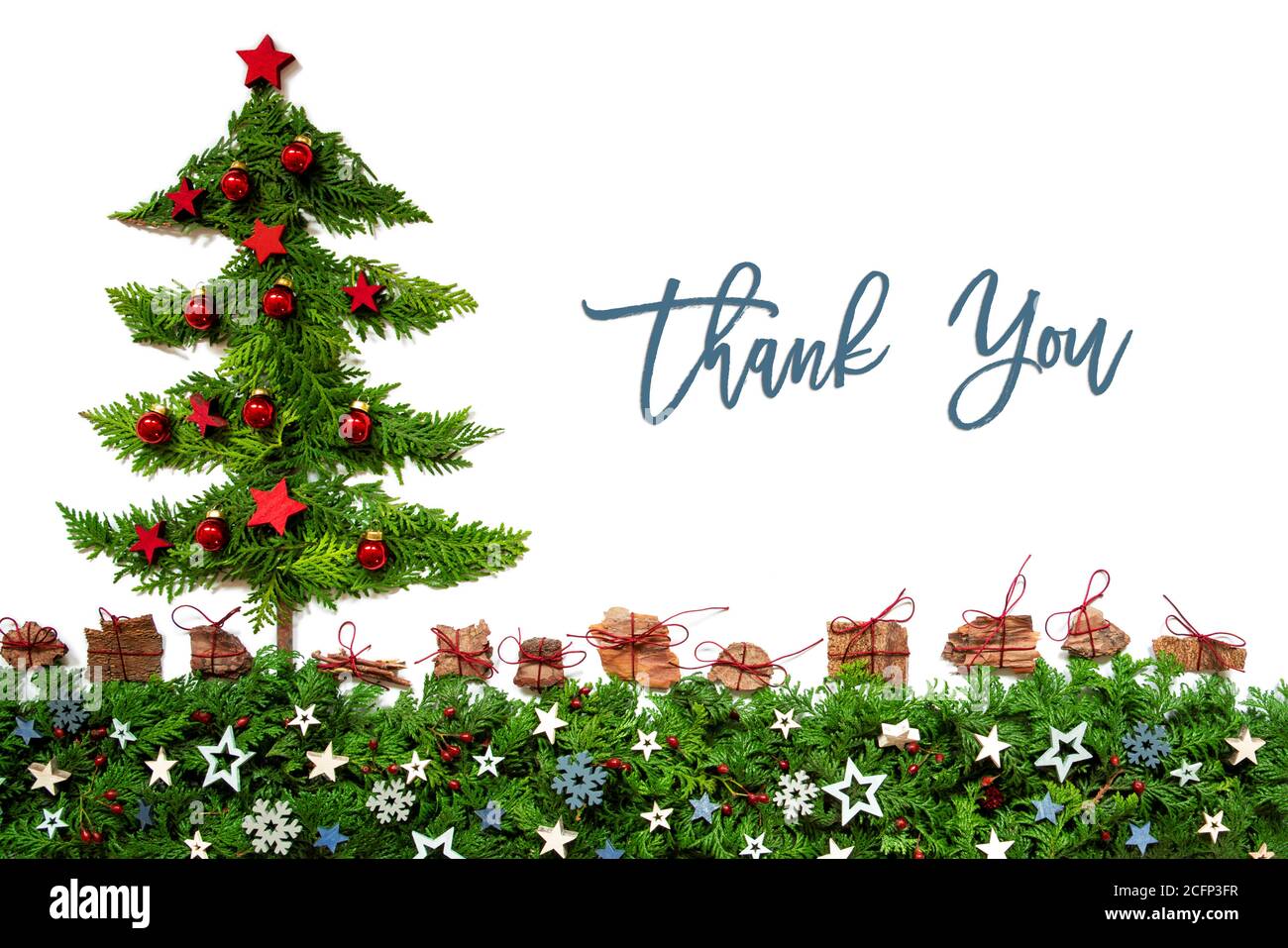 Christmas Tree, Red Balls, Fir Branch, Text Thank You Stock Photo - Alamy