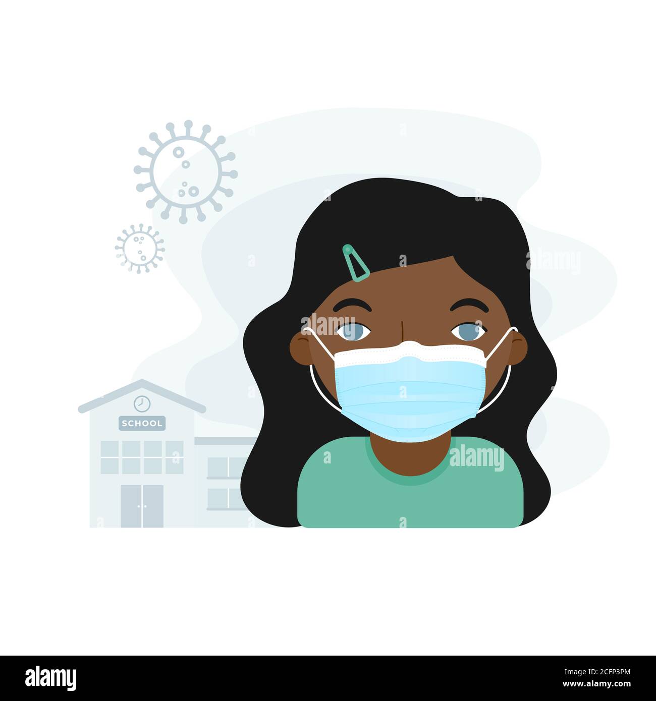 Girl child wearing facial mask in front of the school building. Concept ...
