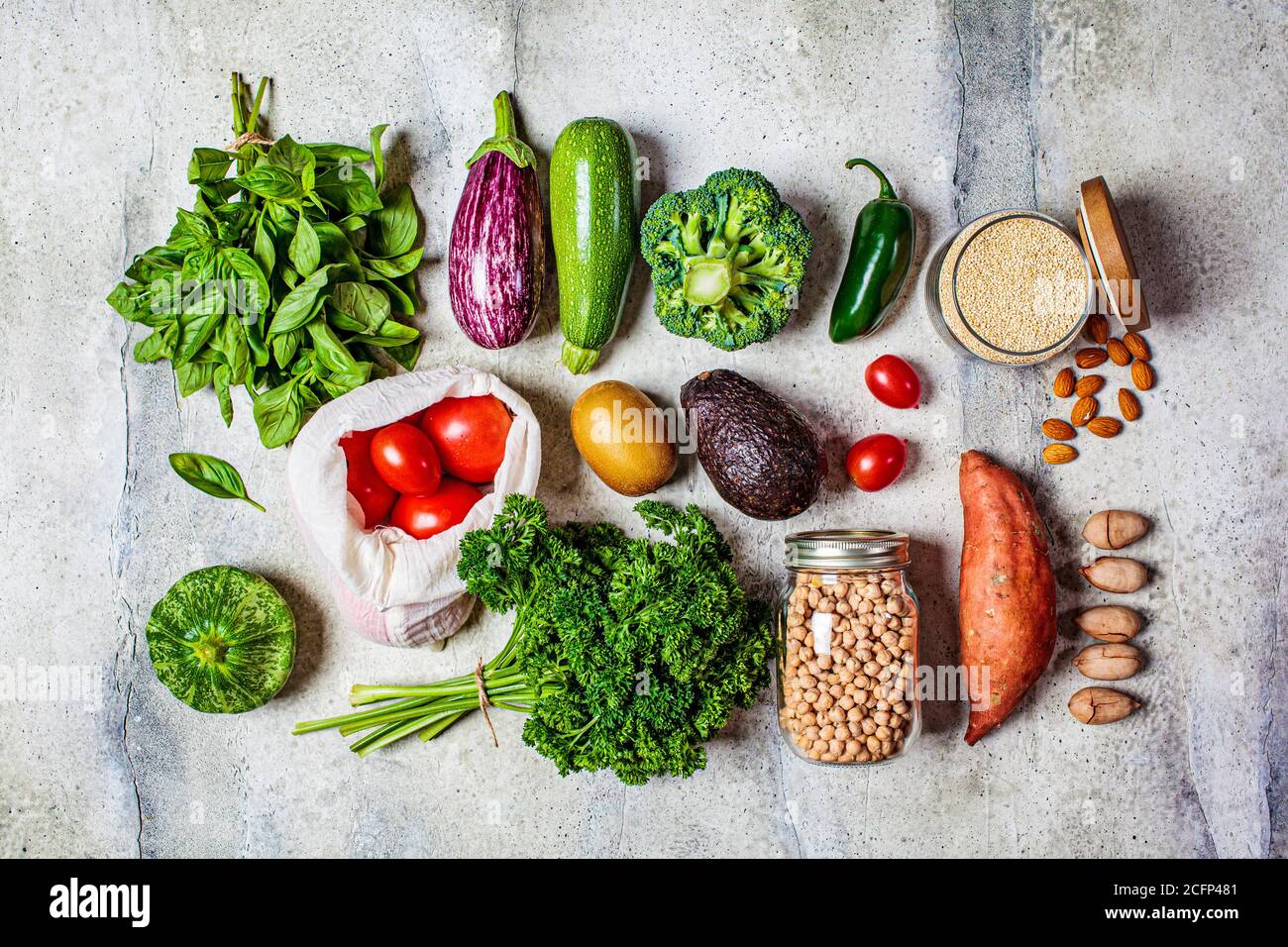 Healthy food flat lay. Fresh vegetables, fruits, nuts, quinoa ...