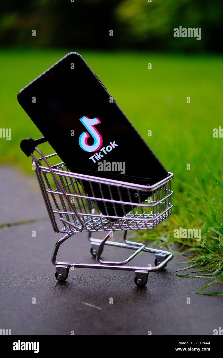 TikTok logo on the smartphone placed in a miniature shopping trolley ...