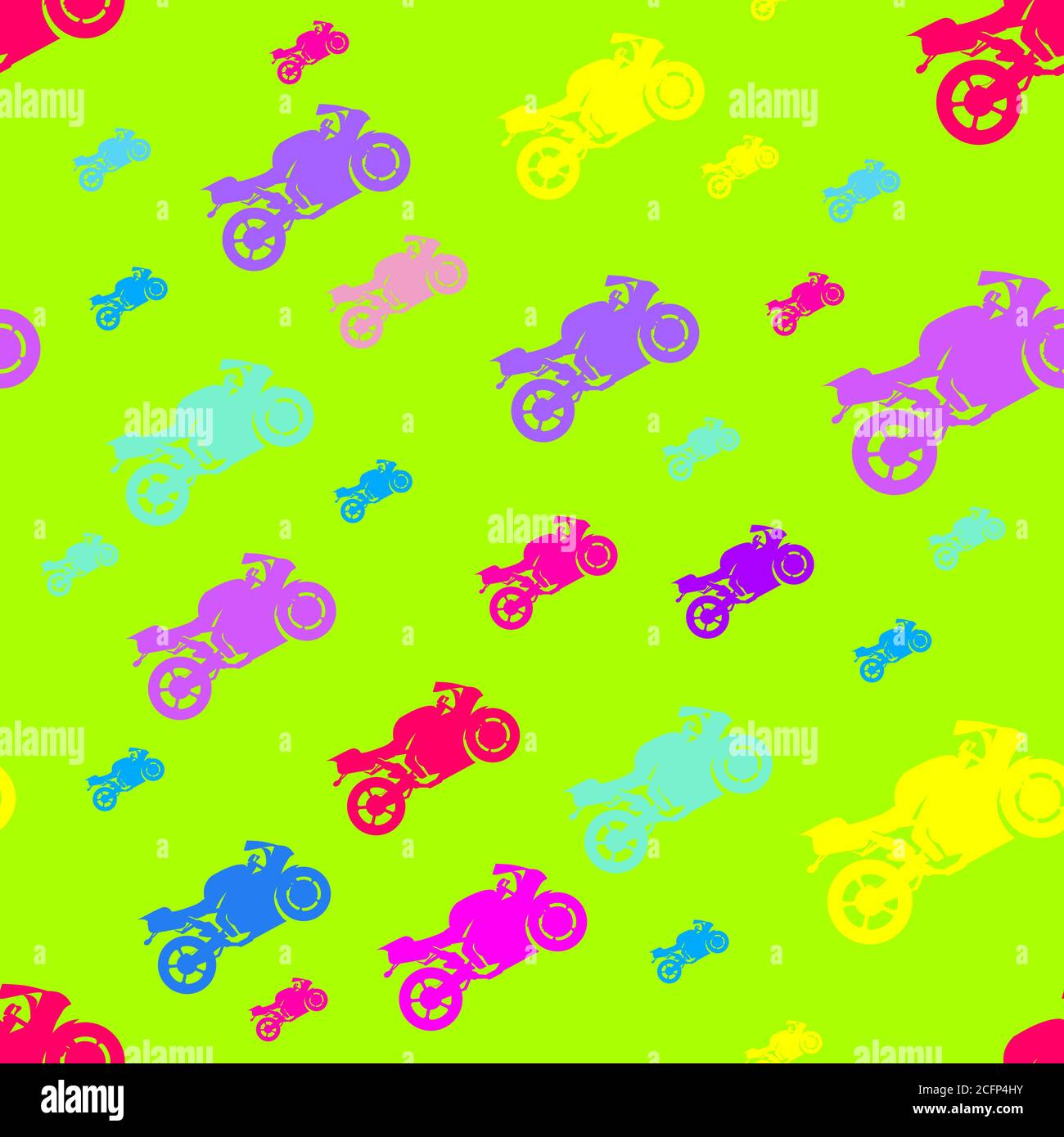 Seamless pattern of sport motorcycles in neon coloures, for wrapping ...