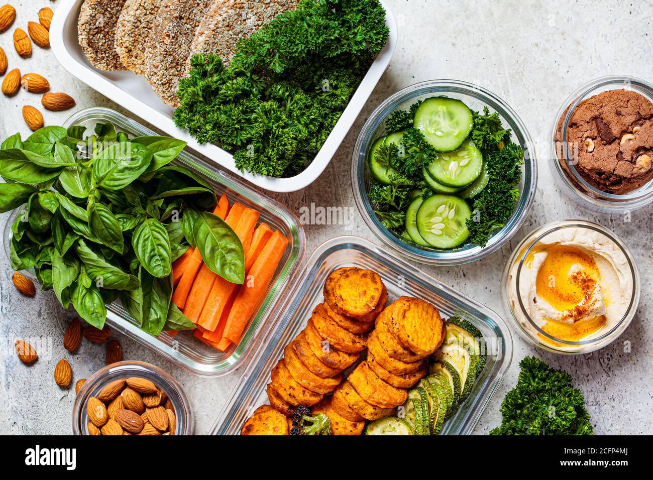 Preparing healthy meals for the week. Vegan food and snacks in ...