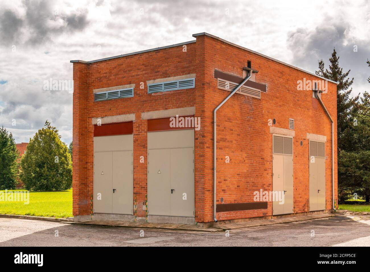 The electrical substation brick building, power industry Stock Photo ...