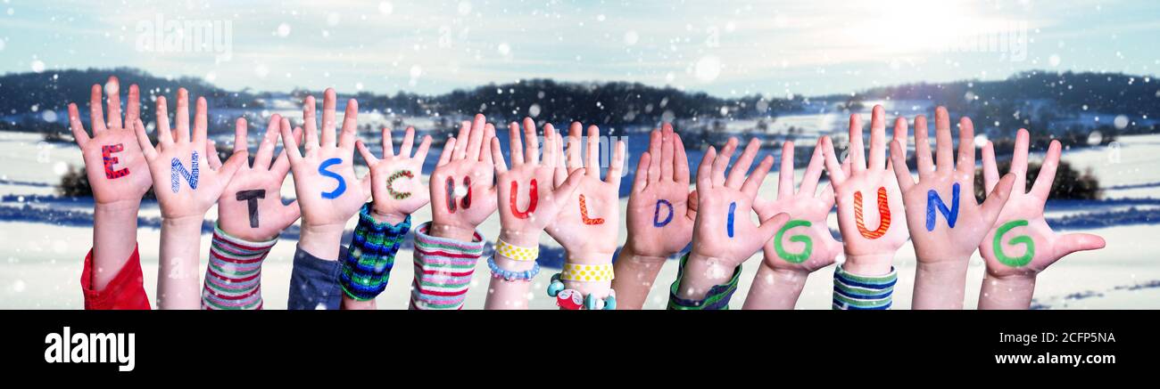 Children Hands Building Entschuldigung Means Apology, Snowy Winter ...