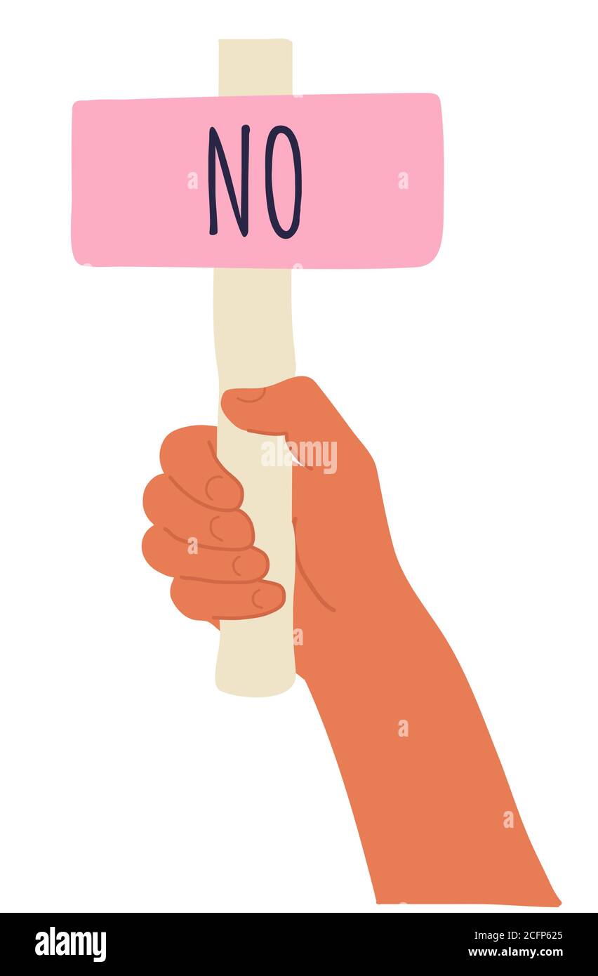Cartoon vector illustration of No banner in human hand on white ...