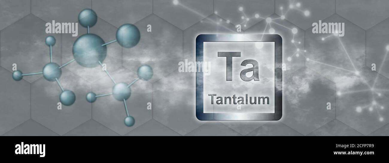 Ta symbol. Tantalum chemical element with molecule and network on grey ...