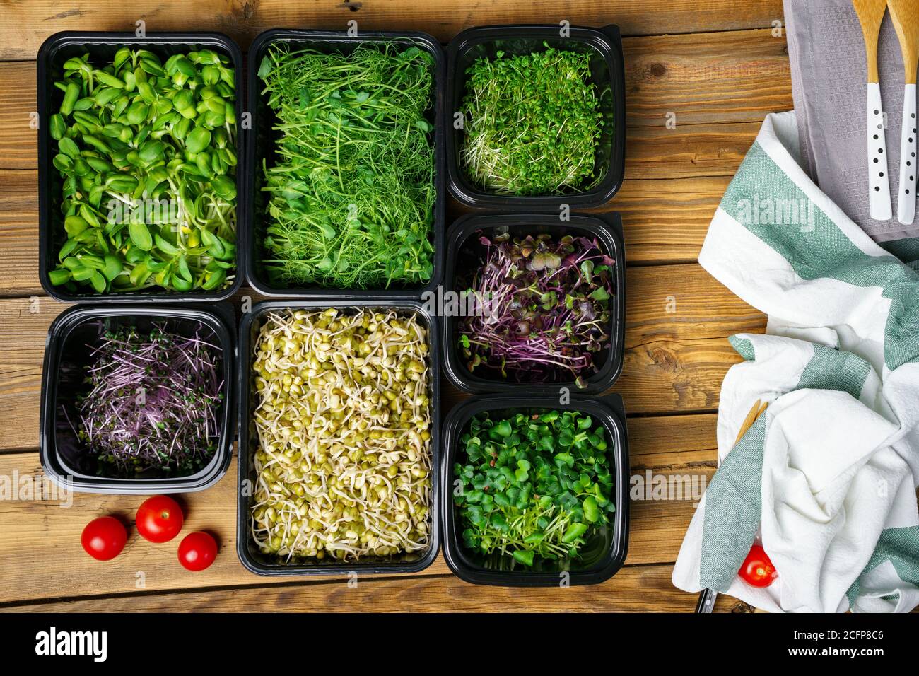 Picture of useful microgreen in containers, top view Stock Photo - Alamy