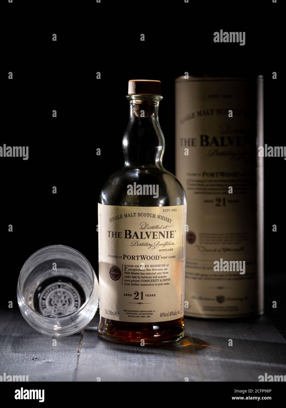 Bottle of Balvenie Malt Whiskey with Balvenie glass and cork Stock ...