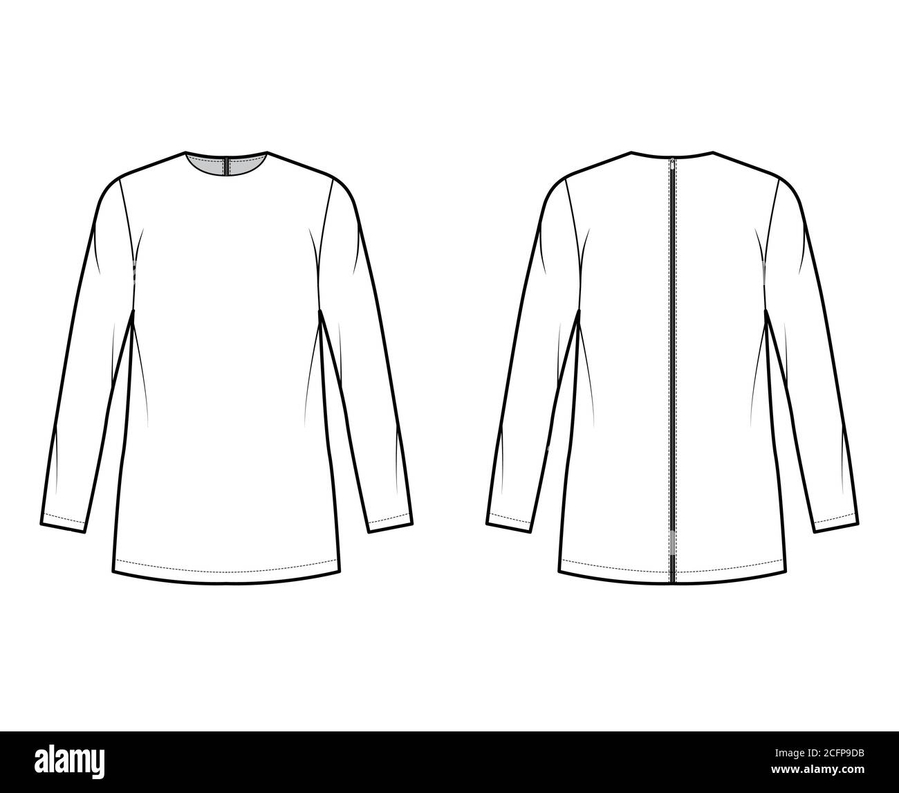 Cady tunic technical fashion illustration with crew neckline, long ...