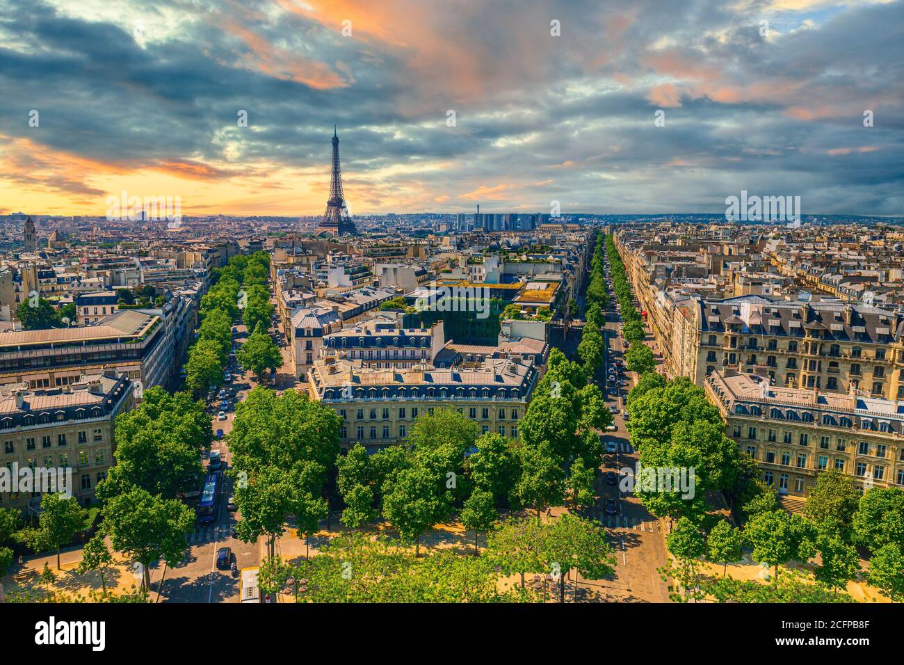Paris, France - cityscape with Eiffel Tower in the light of sunset ...