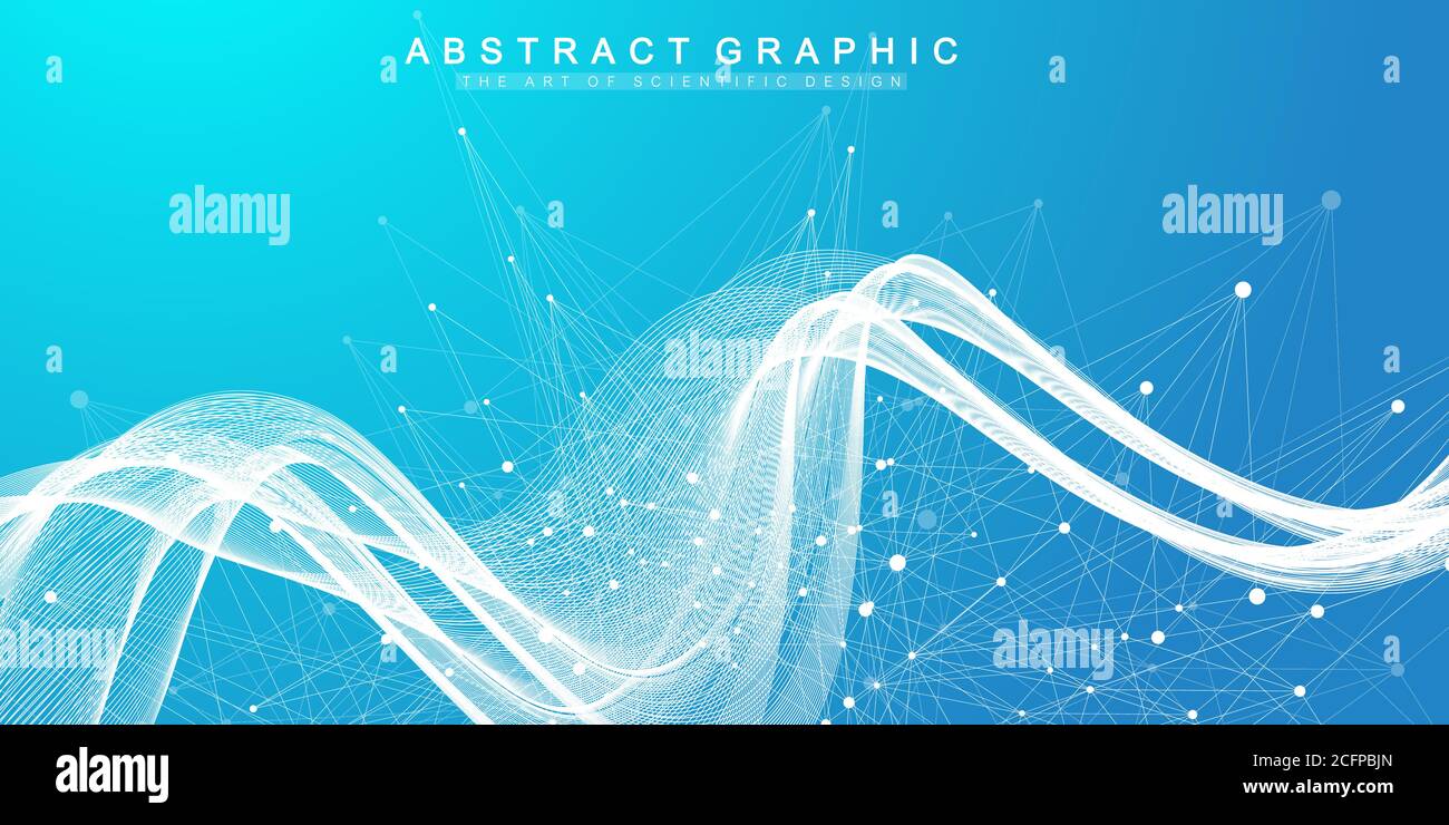 Abstract scientific background with dynamic particles, wave flow. Plexus stream background. 3D ...