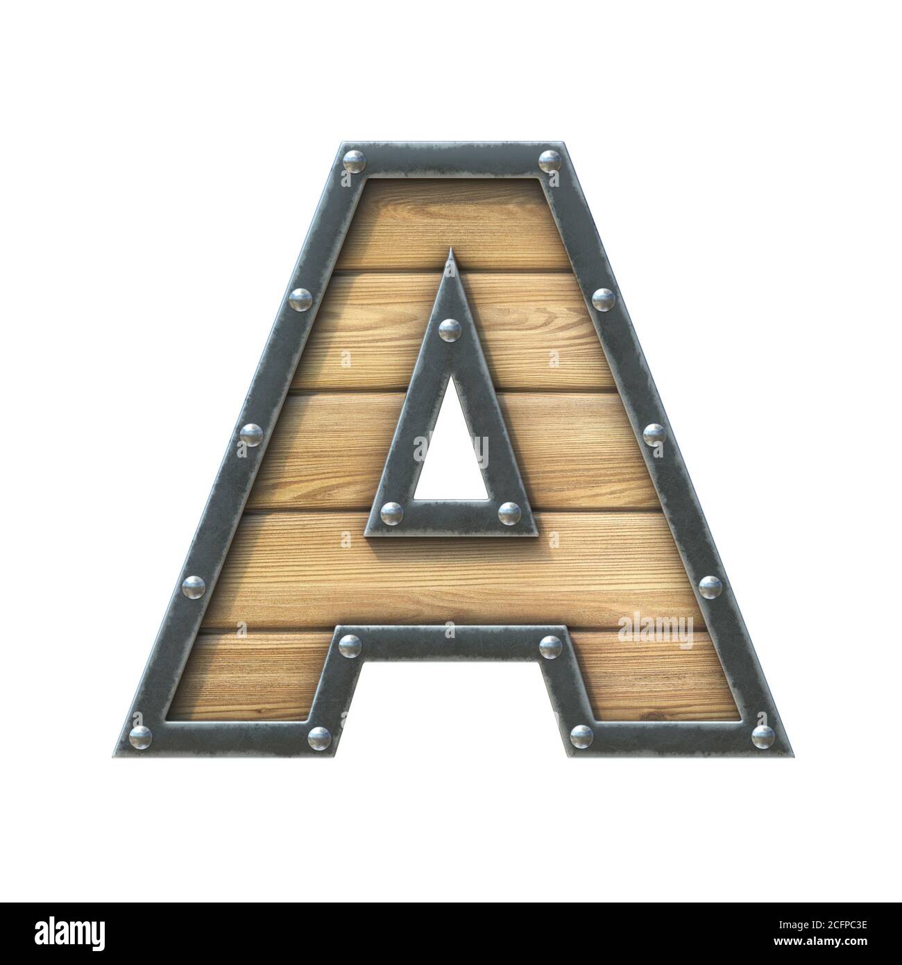 Font made of wooden board with metal frame and rivets, 3d rendering ...