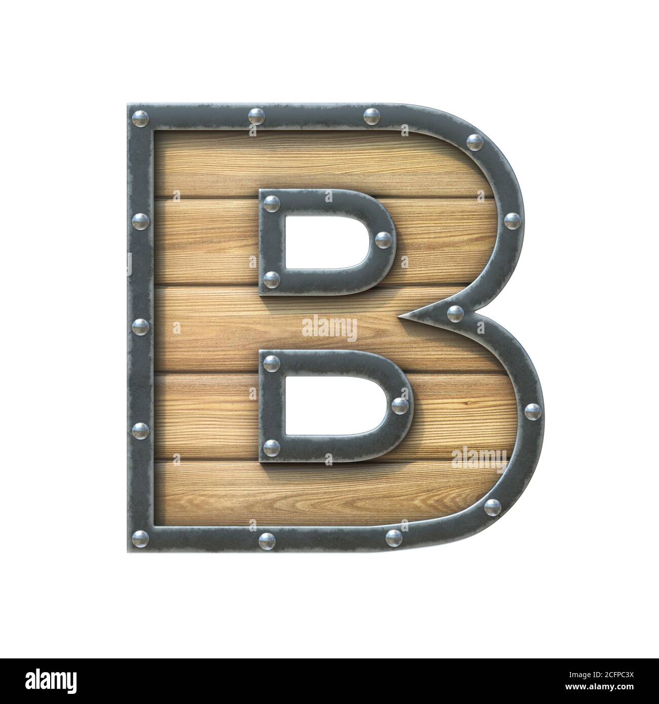 Font made of wooden board with metal frame and rivets, 3d rendering ...