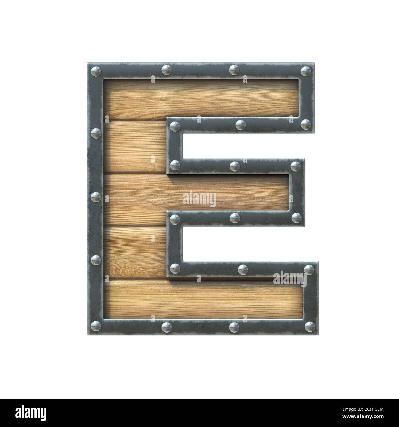 Font made of wooden board with metal frame and rivets, 3d rendering ...
