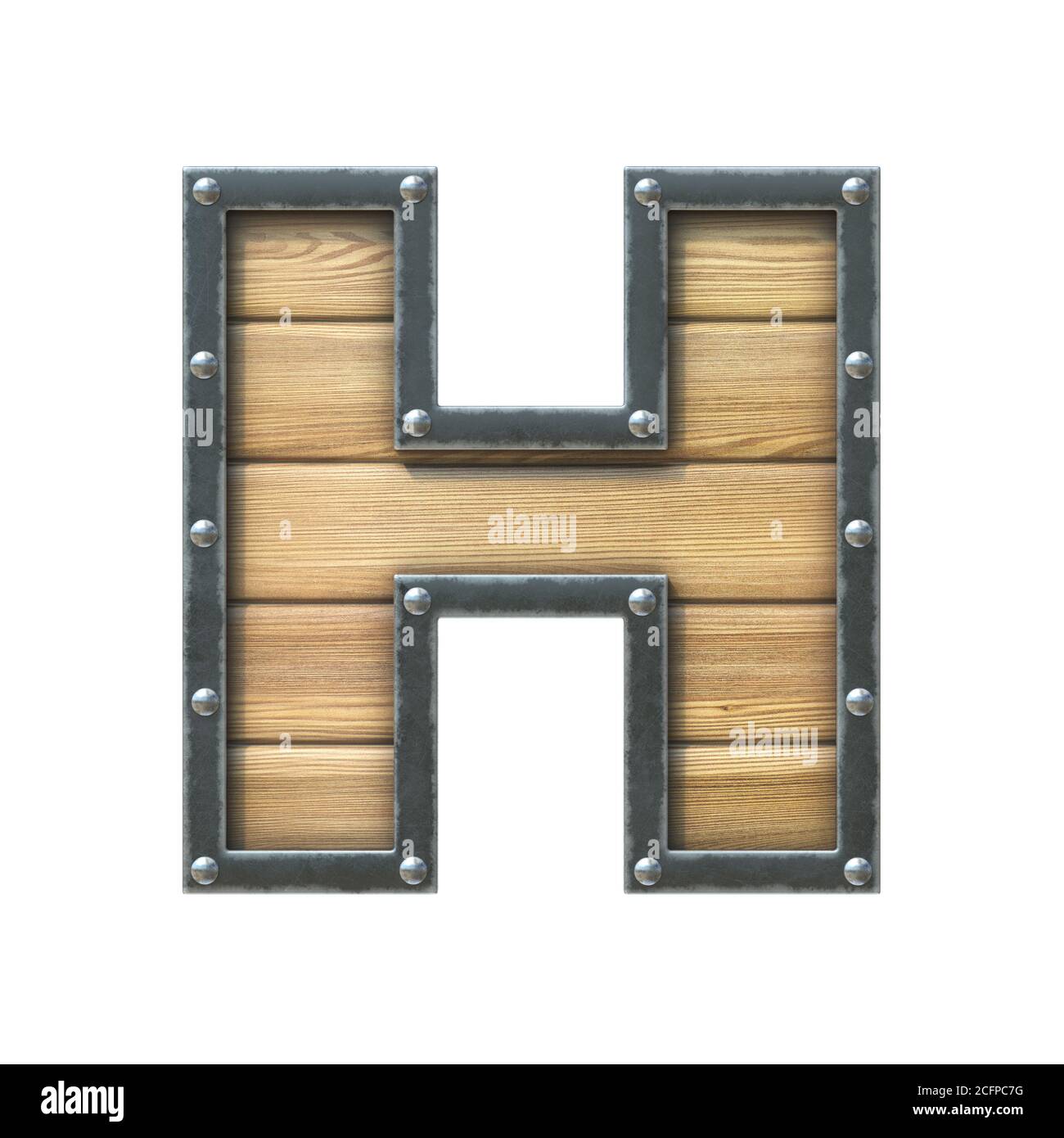 Font made of wooden board with metal frame and rivets, 3d rendering ...