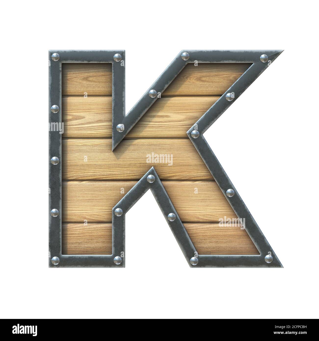 Font made of wooden board with metal frame and rivets, 3d rendering letter K Stock Photo - Alamy