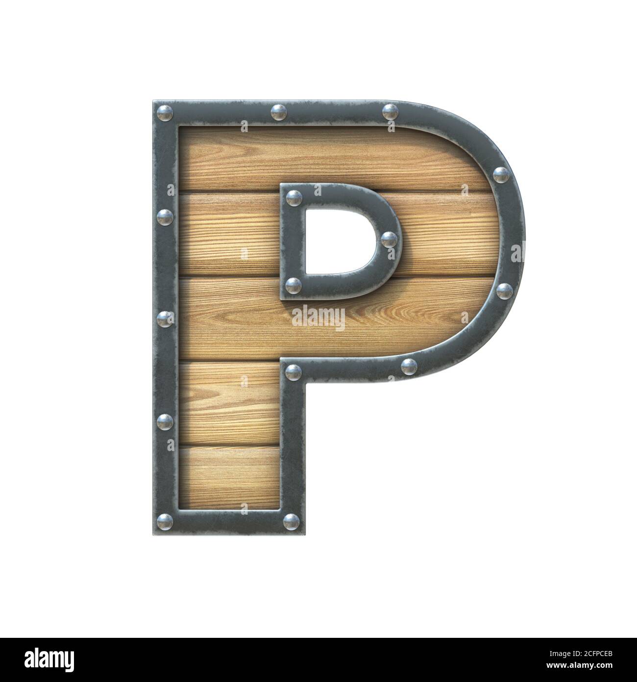 Font made of wooden board with metal frame and rivets, 3d rendering ...