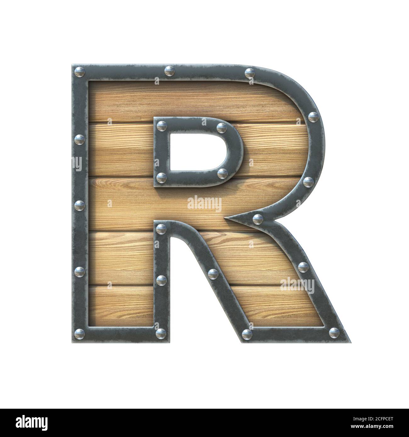 Font made of wooden board with metal frame and rivets, 3d rendering ...