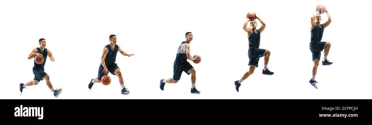 Higher. Young basketball player of team training in action, motion in ...