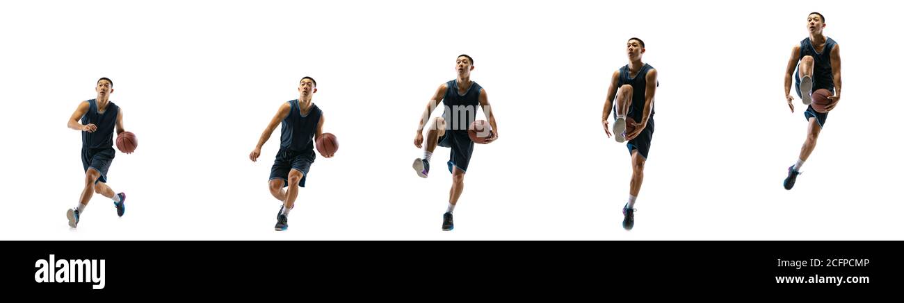 Stronger. Young basketball player of team training in action, motion in ...
