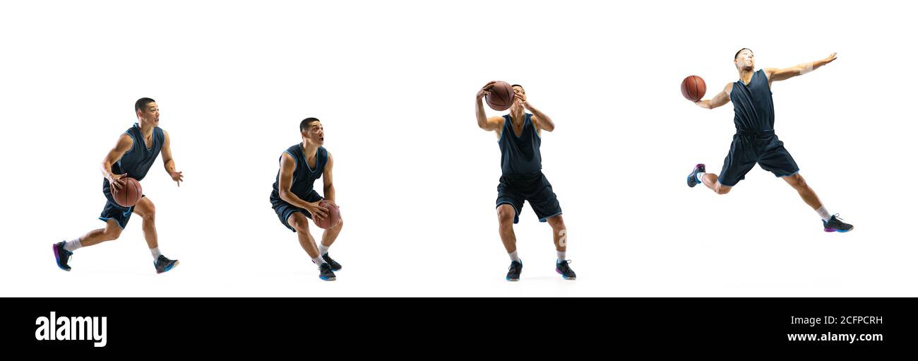 Dynamic. Young basketball player of team training in action, motion in ...