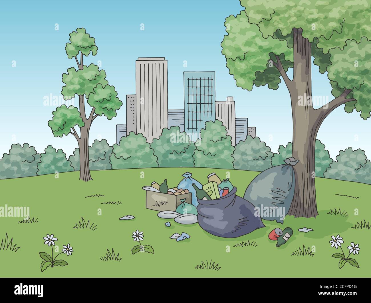 Garbage in nature park graphic color landscape sketch illustration ...