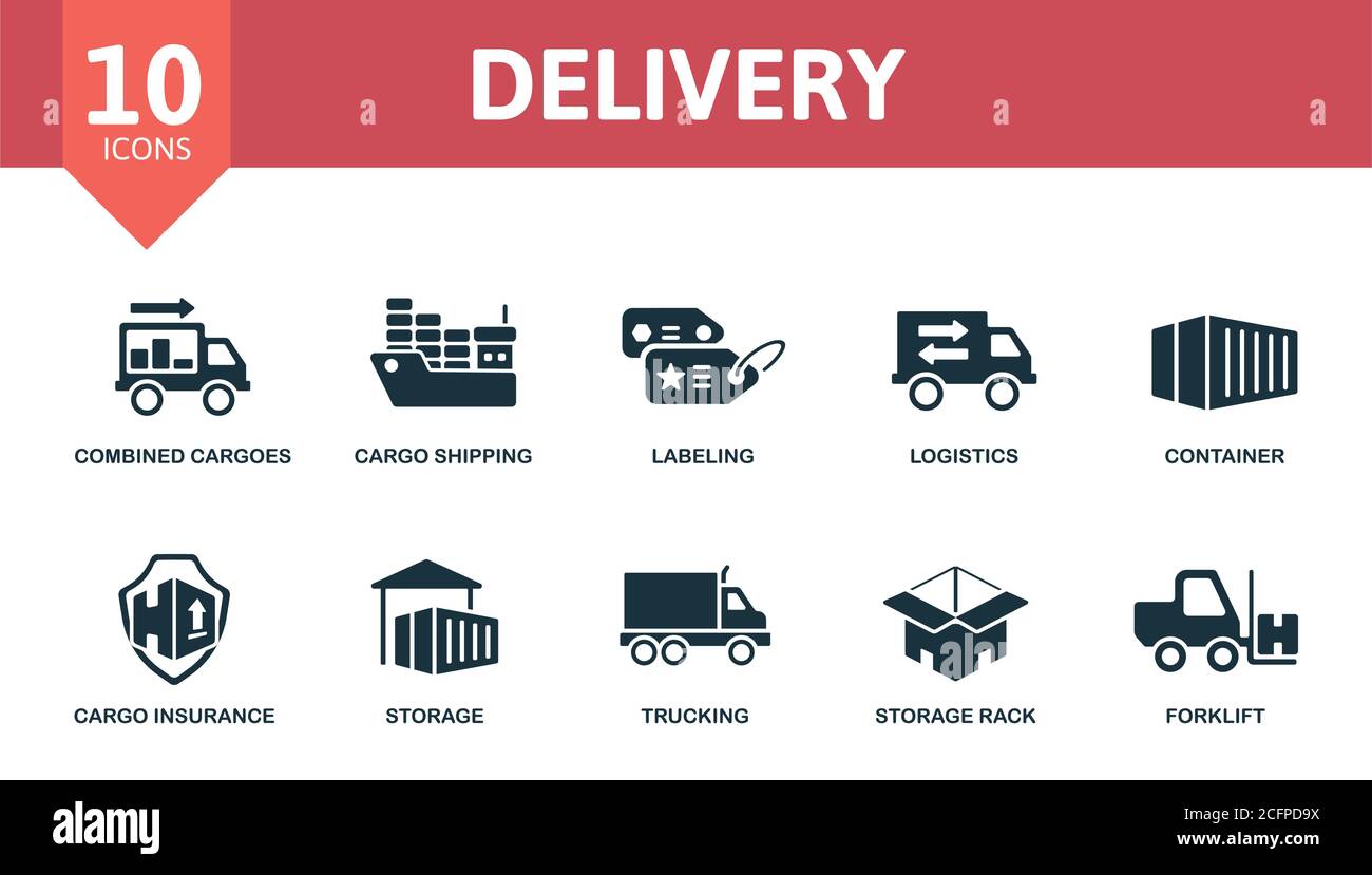 Delivery icon set. Collection contain cargo shipping, labeling ...