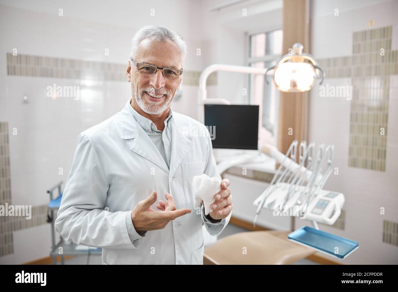 Joyful dentist holding a big molar tooth model Stock Photo - Alamy