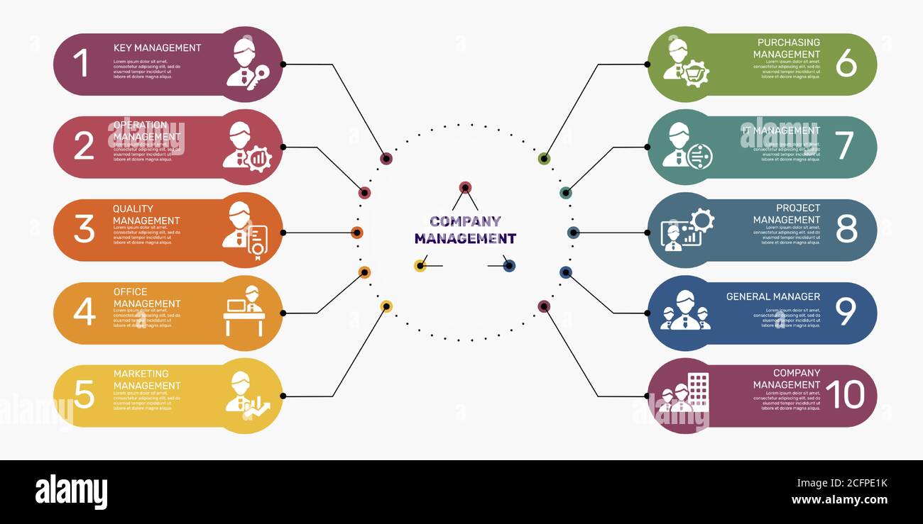 Infographic Company Management template. Icons in different colors ...