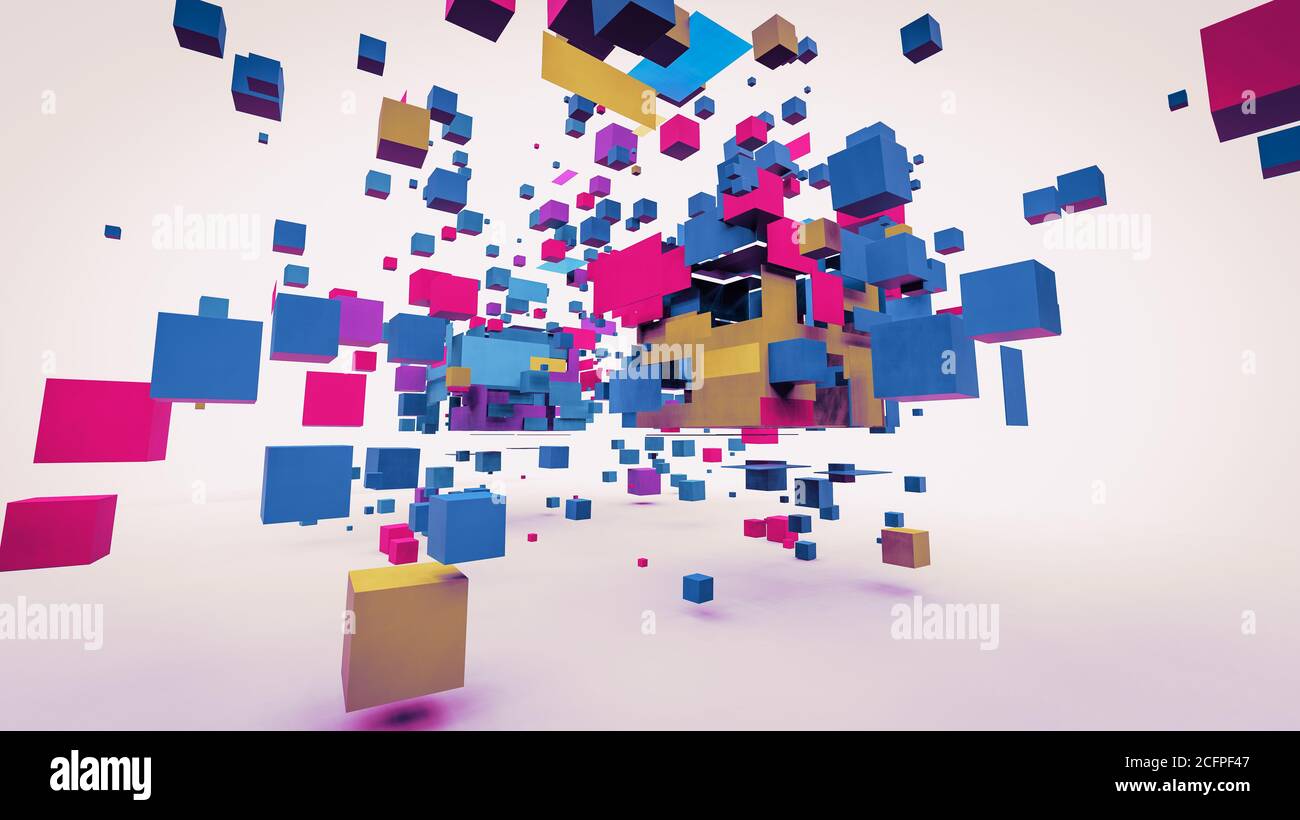 3D rendering illustration of a lot of cubes in different sizes and ...