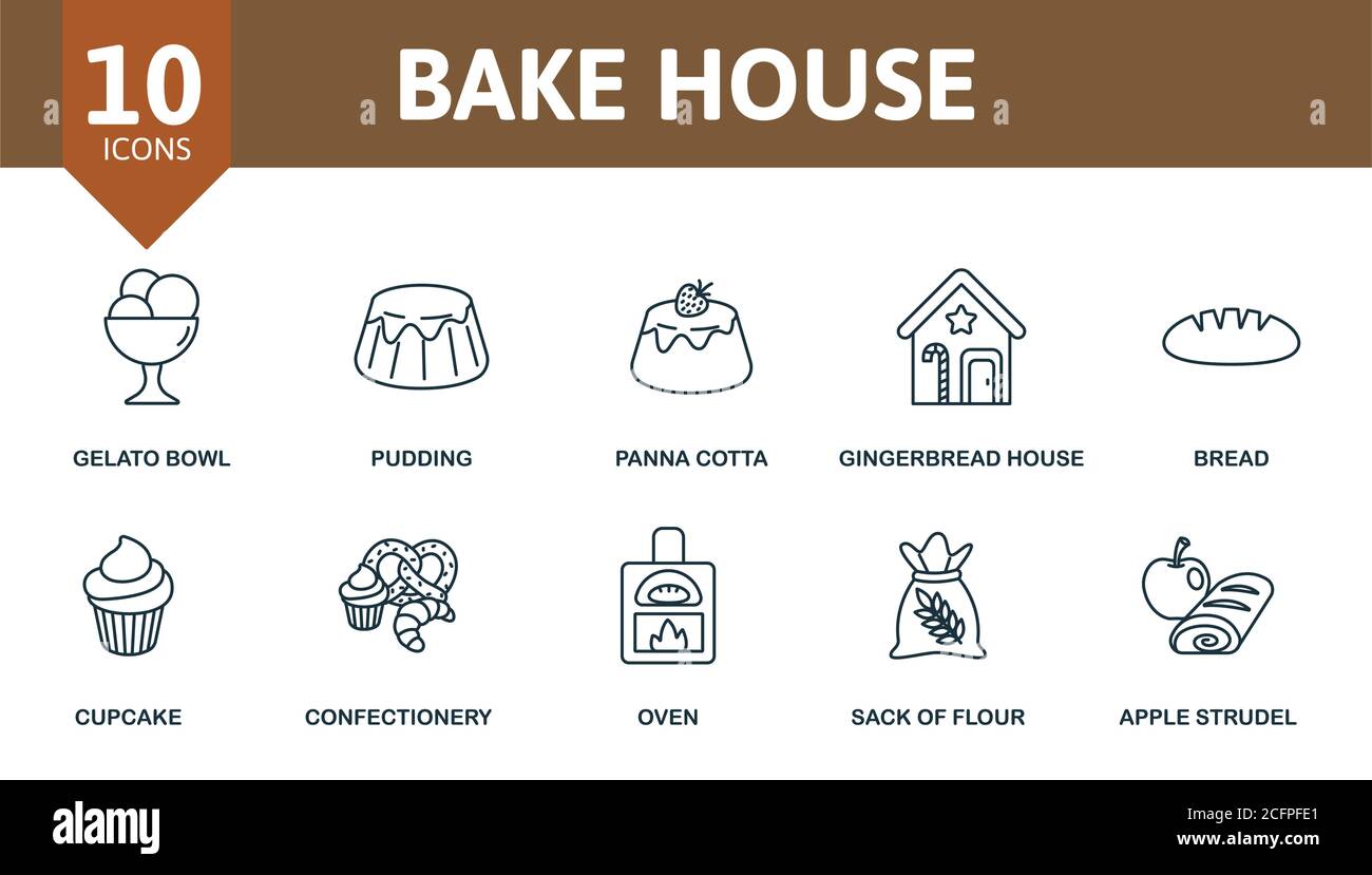 Bake House icon set. Collection contain apple, strudel, pancake, donut ...