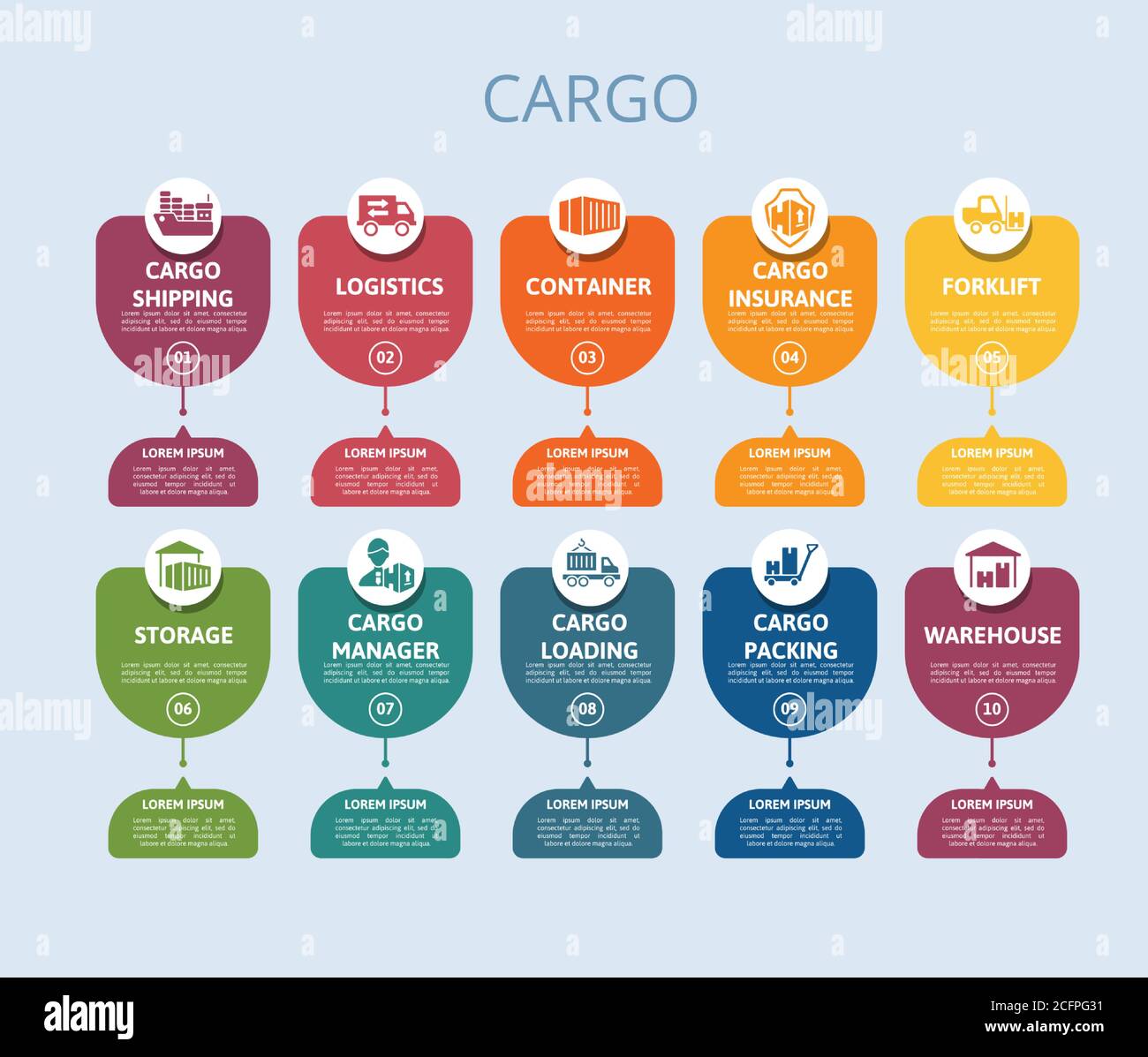 Infographic Cargo template. Icons in different colors. Include Cargo ...