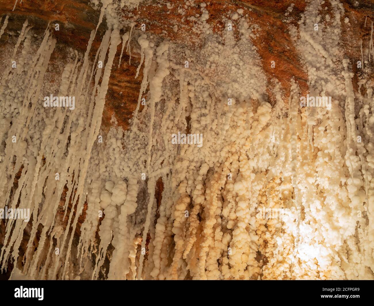 Salt stalactites at the salt mountain cavern, Cardona, Spain. Close up ...