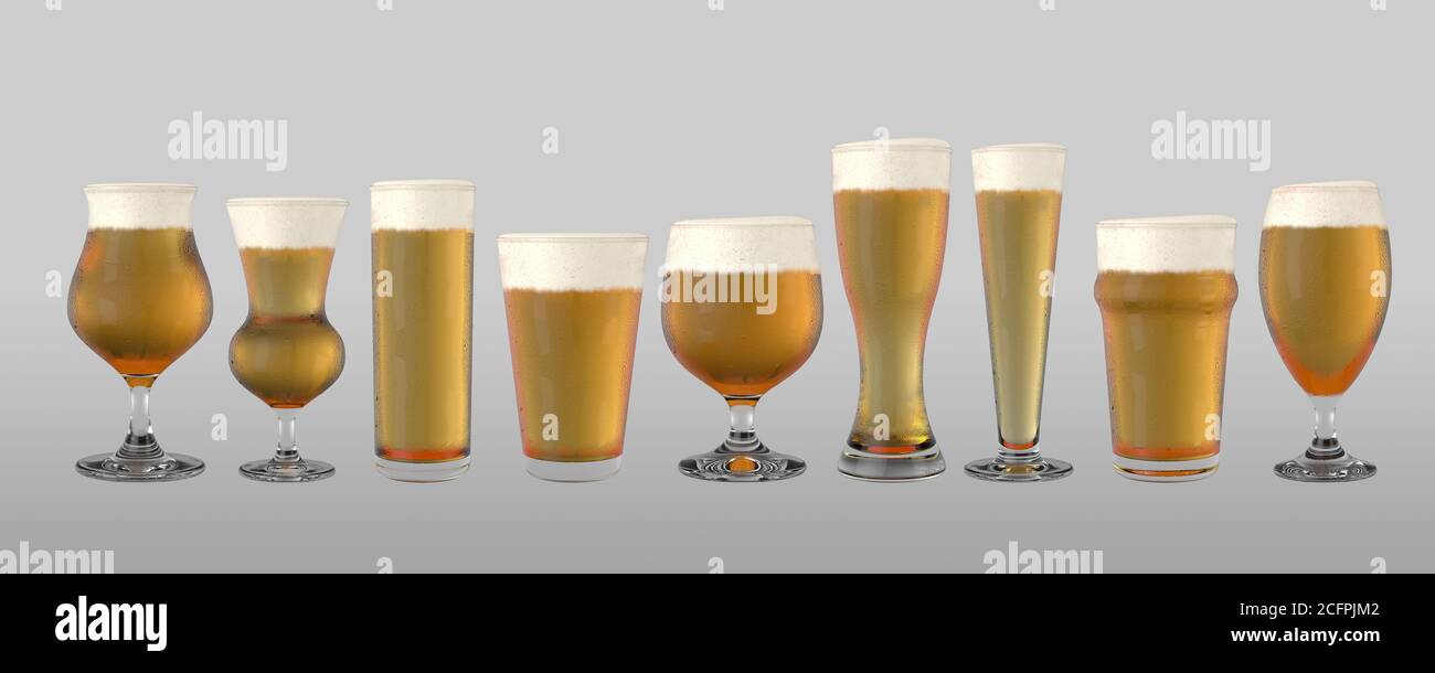 Various shaped beer glasses filled with beer and a head of foam on an ...