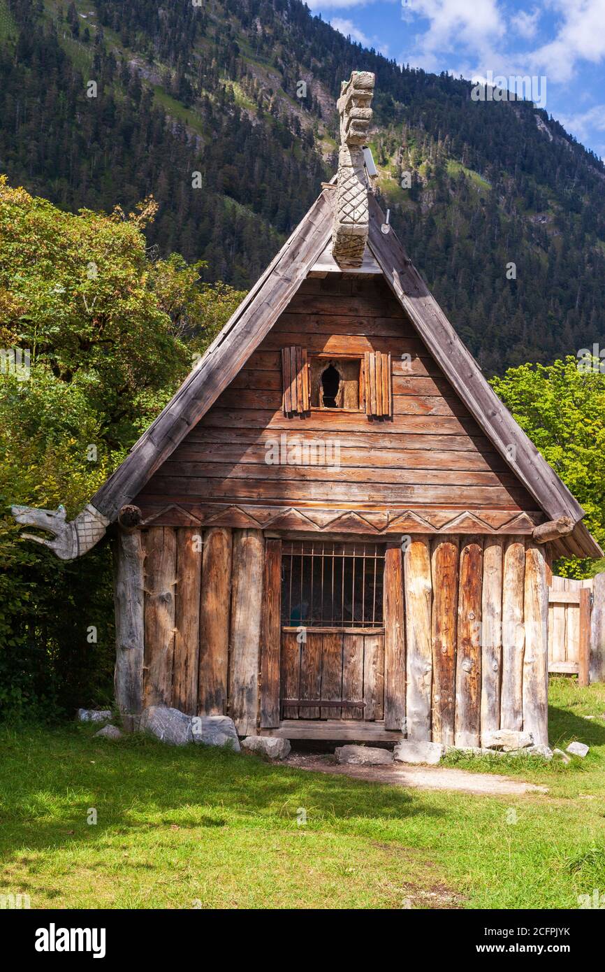 Wooden hut as a film set in the Viking village Flake at Walchensee ...