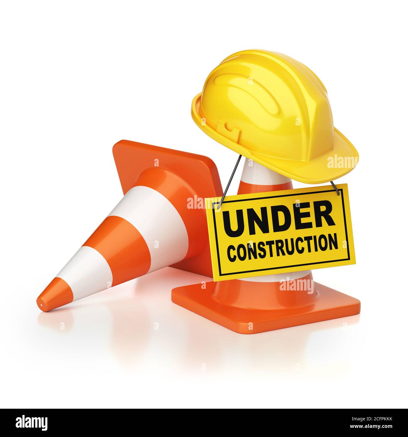 Under construction sign board, traffic cones and hard hat, 3d rendering Stock Photo - Alamy