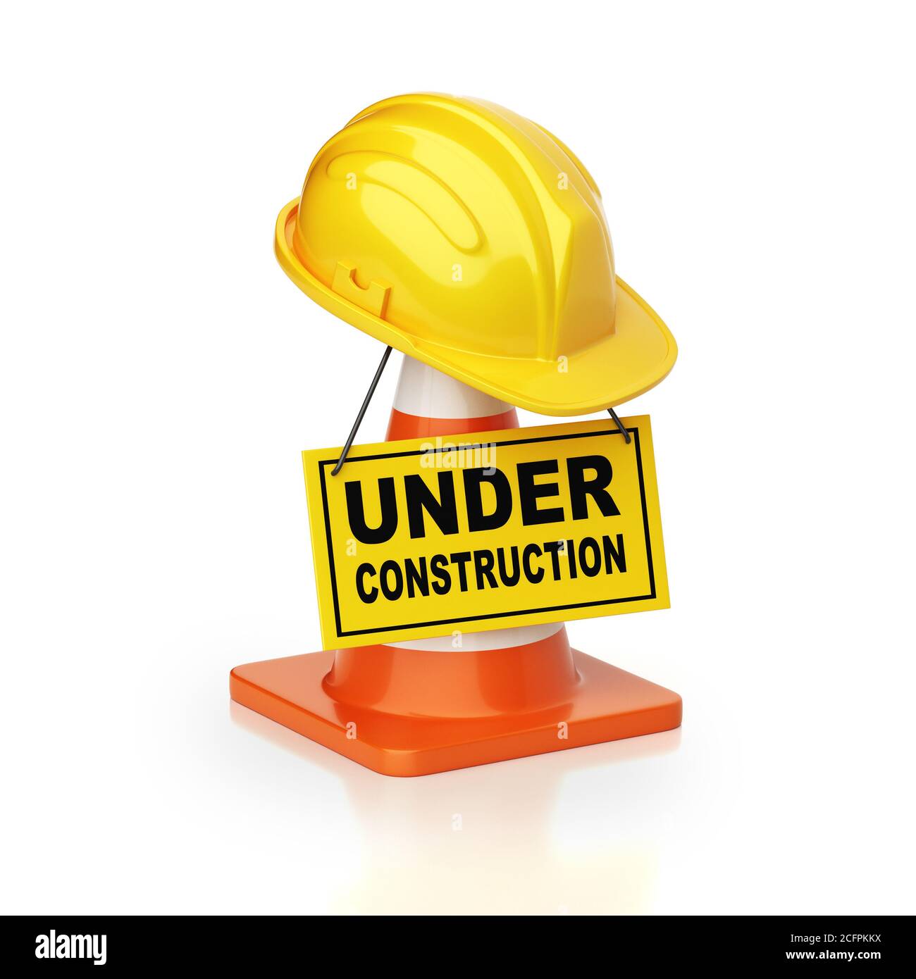 Under construction sign board, traffic cone and hard hat, 3d rendering ...