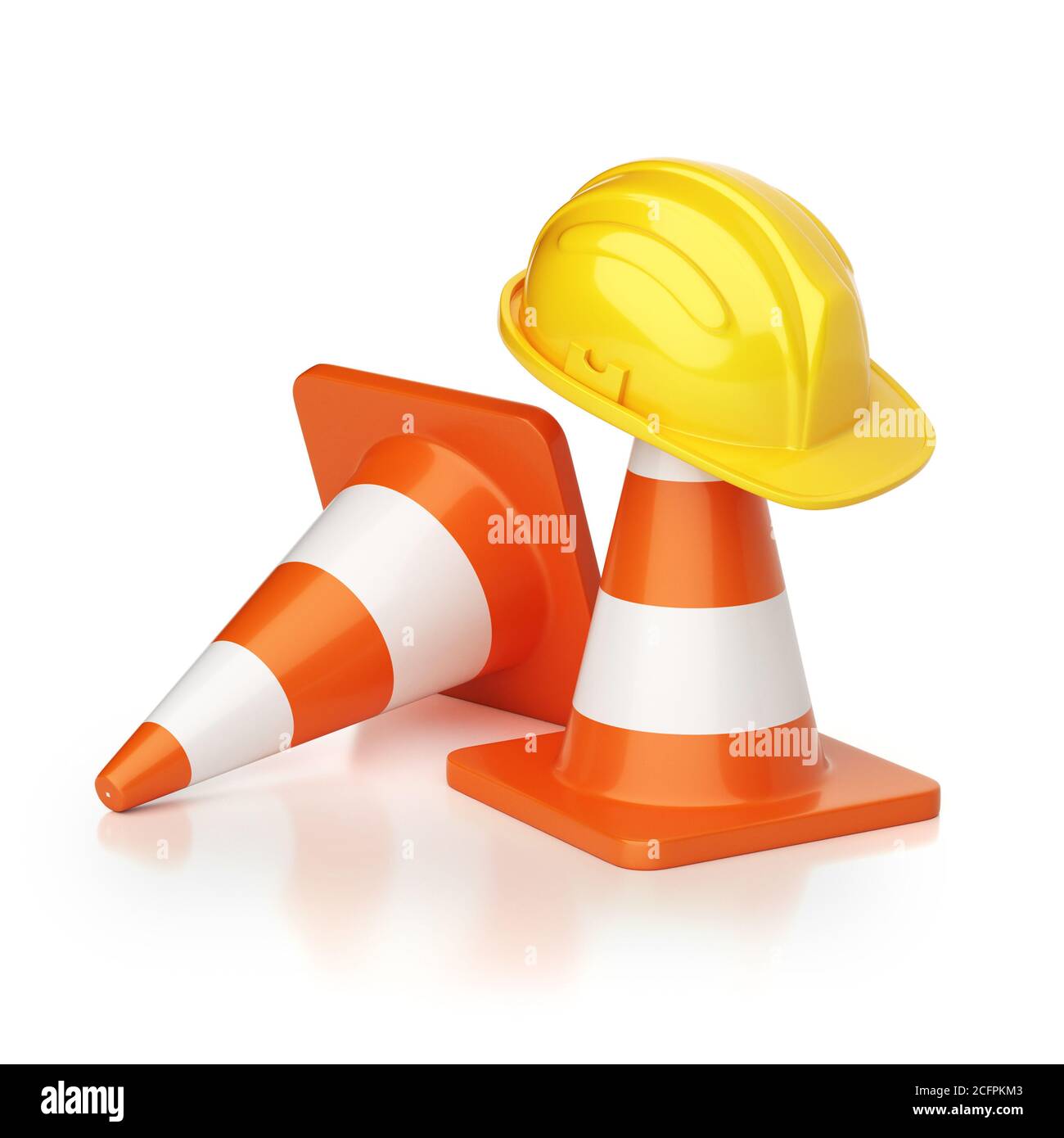 Under construction concept, traffic cones and hard hat, 3d rendering Stock Photo - Alamy