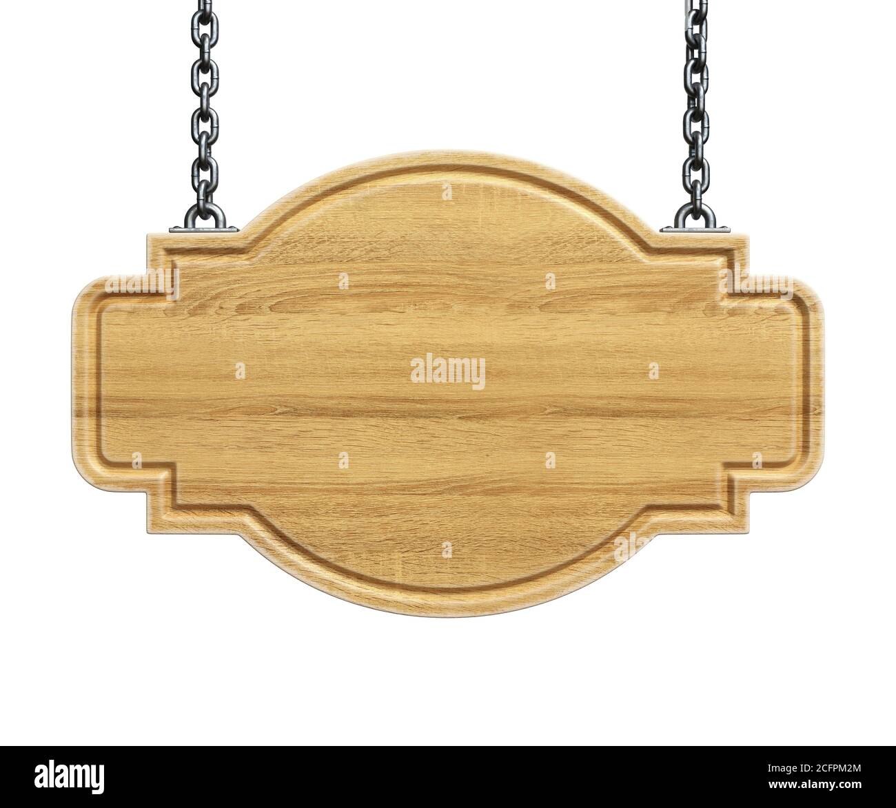 Wooden sign board hanging on a chains isolated on white background 3d ...