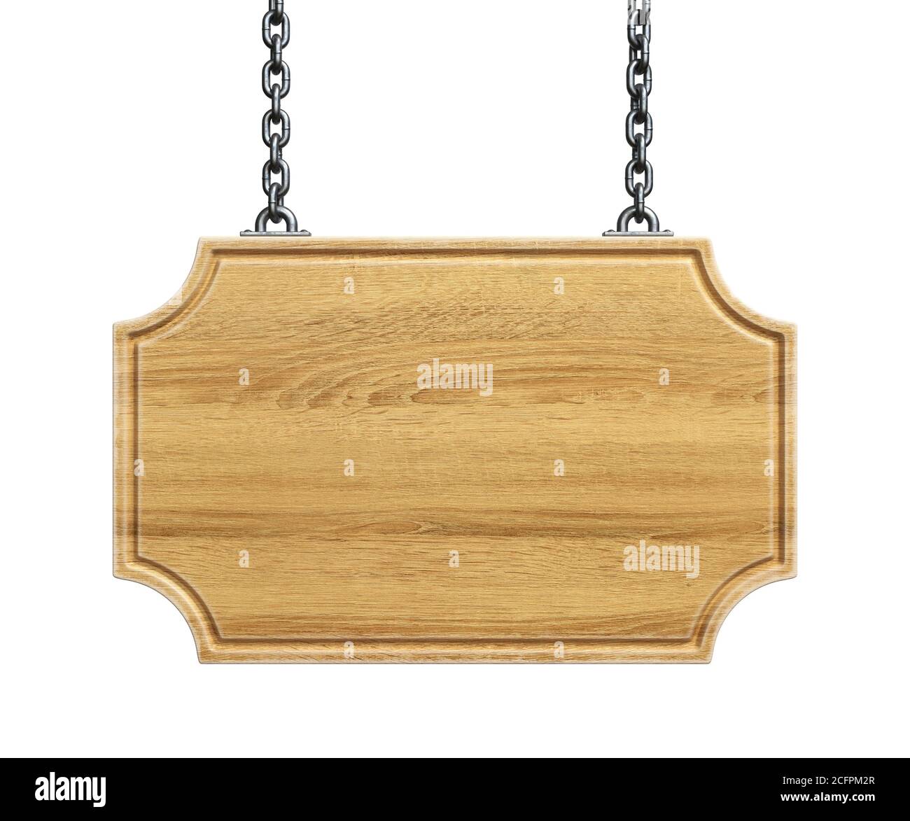 Wooden sign board hanging on a chains isolated on white background 3d ...